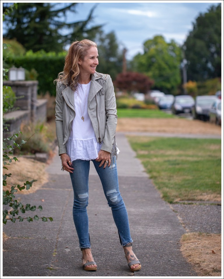 Fringe Leather Jacket + Distressed Skinnies + Clogs (date night | Mama ...