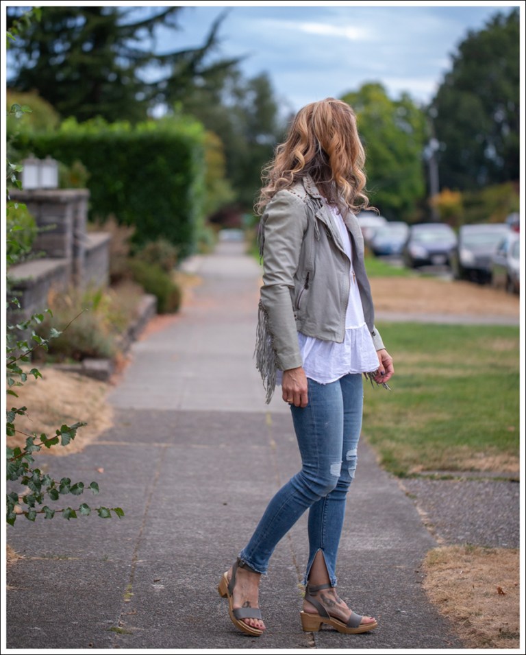 Fringe Leather Jacket + Distressed Skinnies + Clogs (date night | Mama ...