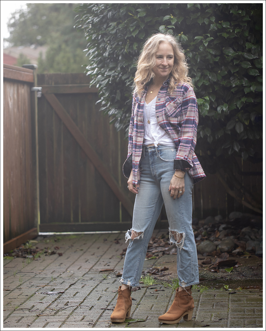 Vintage Plaid Flannel + White Tee + High Waisted Distressed Jeans ...